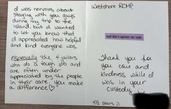 'Guest' rates stay at West Shore RCMP detachment, sends thank-you card